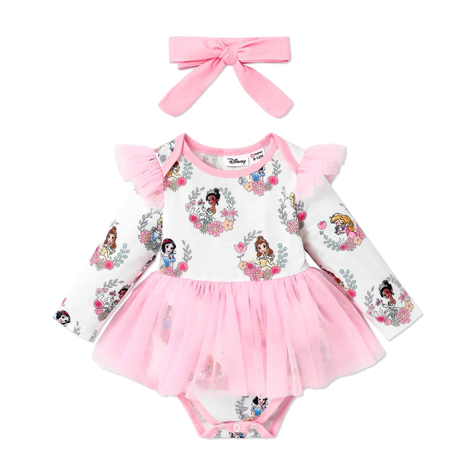 Disney Princess Baby Girl Bodysuit Cotton Long Sleeves Romper with Headband Set, PinkyWhite-2, 6-9 Months