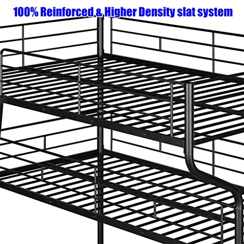 SNIFIT Upgraded Version & Stronger Metal Full XL Over Twin XL Over Queen Triple Bunk Bed, Thickened Reinforced Triple Steel Bunk Bed Frame with Safer Ladder & Guardrail (Faster Assembly) (Black)