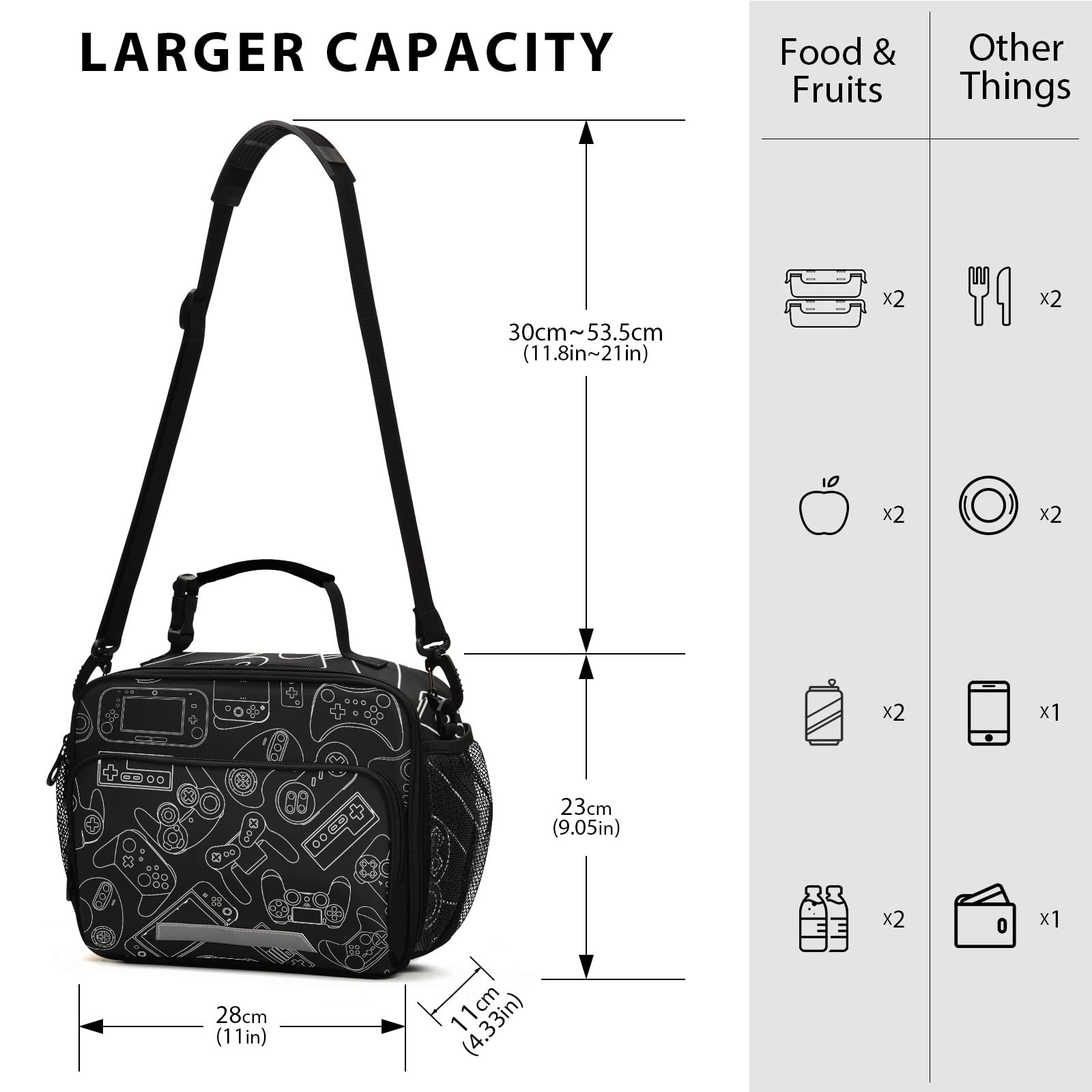 Glaphy Video Game Pattern Black Lunch Bag, Cooler Lunch Tote Box Insulated Lunch Bags Food Container for Boys Girls Kids