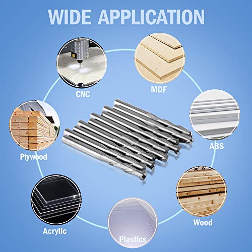 HQMaster CNC Router Bits 1/8" Shank CNC Bit End Mill Flat Nose Carbide Endmill Two Flute Spiral Upcut Milling Cutter Tool Set for Wood PVC MDF Hardwood 10Pcs (3.175 mm)