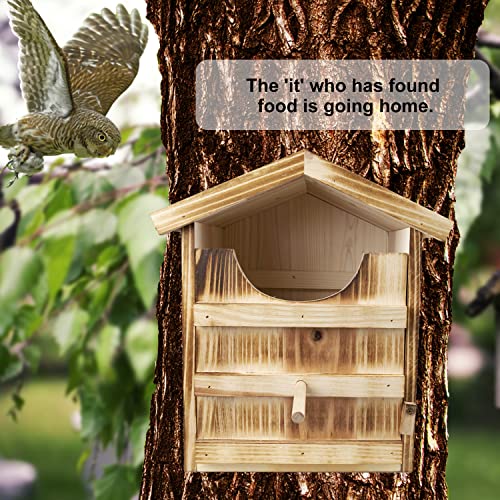 Owl House Hand Made with Bird Stand Design, Owl Nesting Box for Outside Large Handmade Wooden Rectangular Opening Owl Box Bird House with Mounting Screws and A Bag of Wood Shavings, Easy Assembly