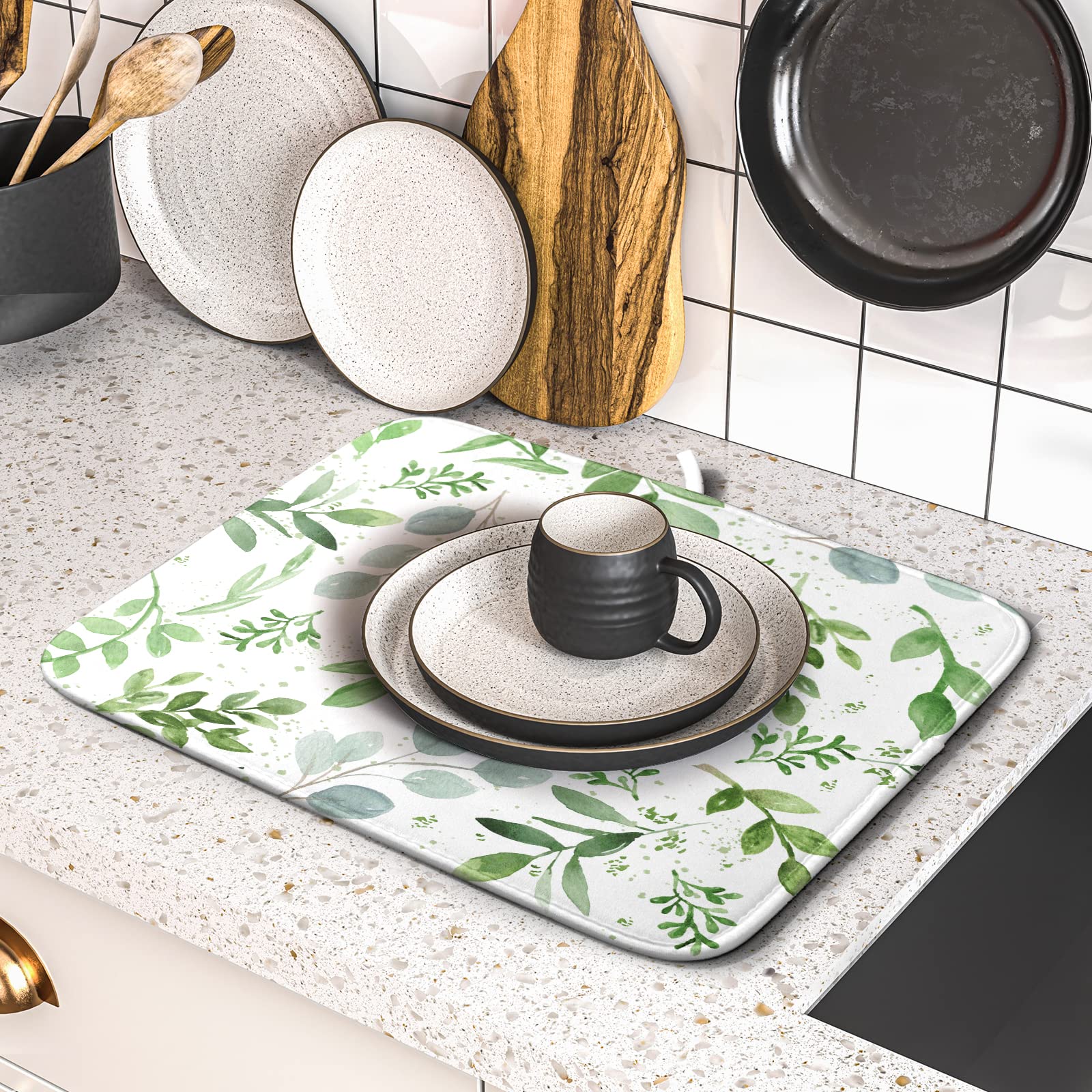 Giwawa Leaves Dish Drying Mat 16x18 inch Reversible Green Leaf Dish Draining Mats with Hanging Loop Absorbent Watercolor Plants Dish Drainer Mat Microfiber Leaves Drying Pad for Kitchen Counter Sink