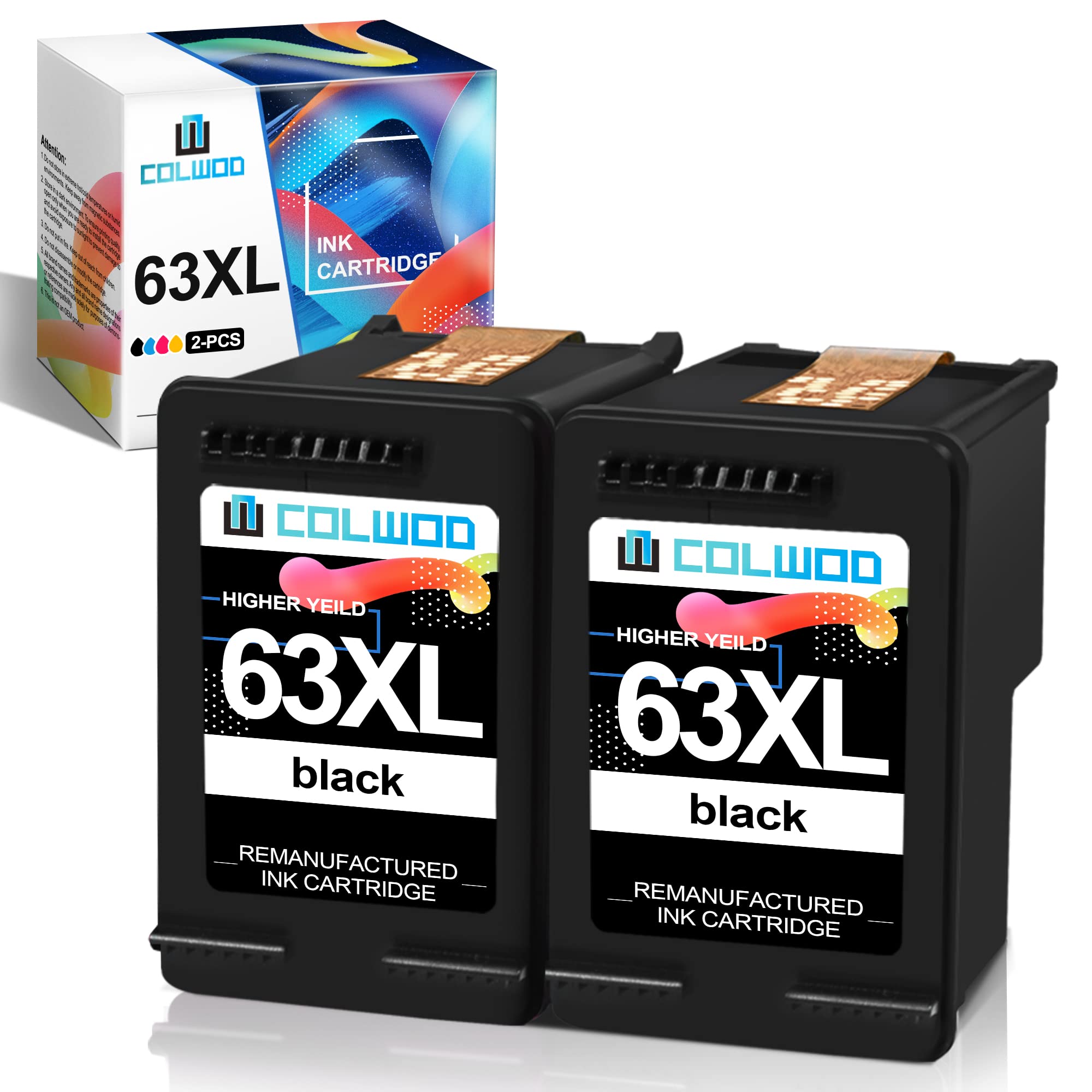 COLWOD Remanufactured Ink Cartridge Replacement for HP 63XL, Black, 2 Pack