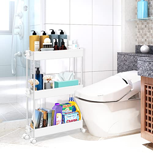 SPACEKEEPER Slim Storage Cart, 3 Tier Bathroom Storage Organizer Rolling Utility Cart Mobile Shelving Unit Slide Out Storage Tower Rack for Kitchen Laundry Narrow Places, White, 2 Pack
