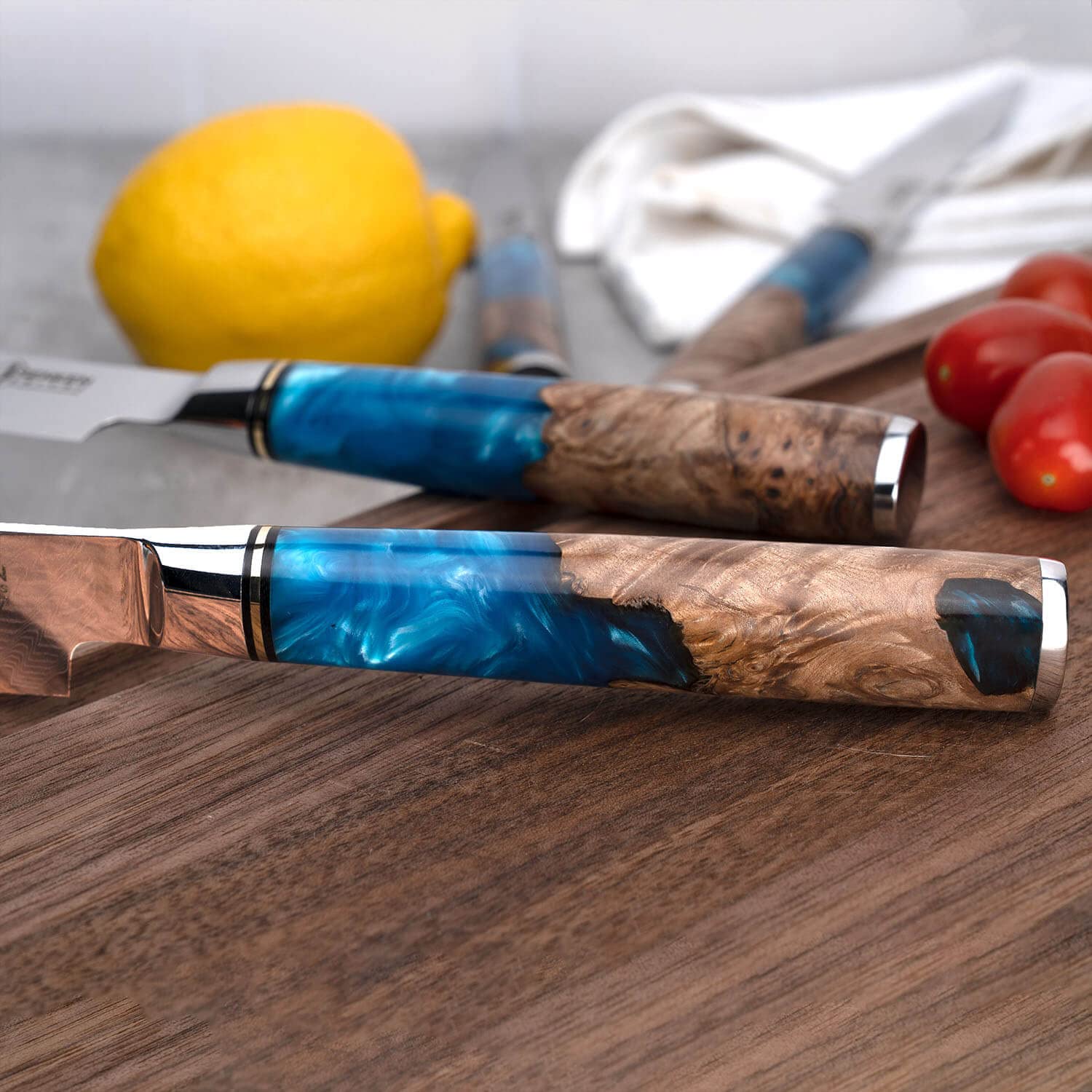SENKEN Damascus Steak Knife Set - Tsunami Collection - 67-Layer Japanese VG10 Steel - Razor Sharp Serrated Blades, Blue Resin & Natural Wood Pattern Handles, Luxury Gift Box (6 Steak Knife Set)