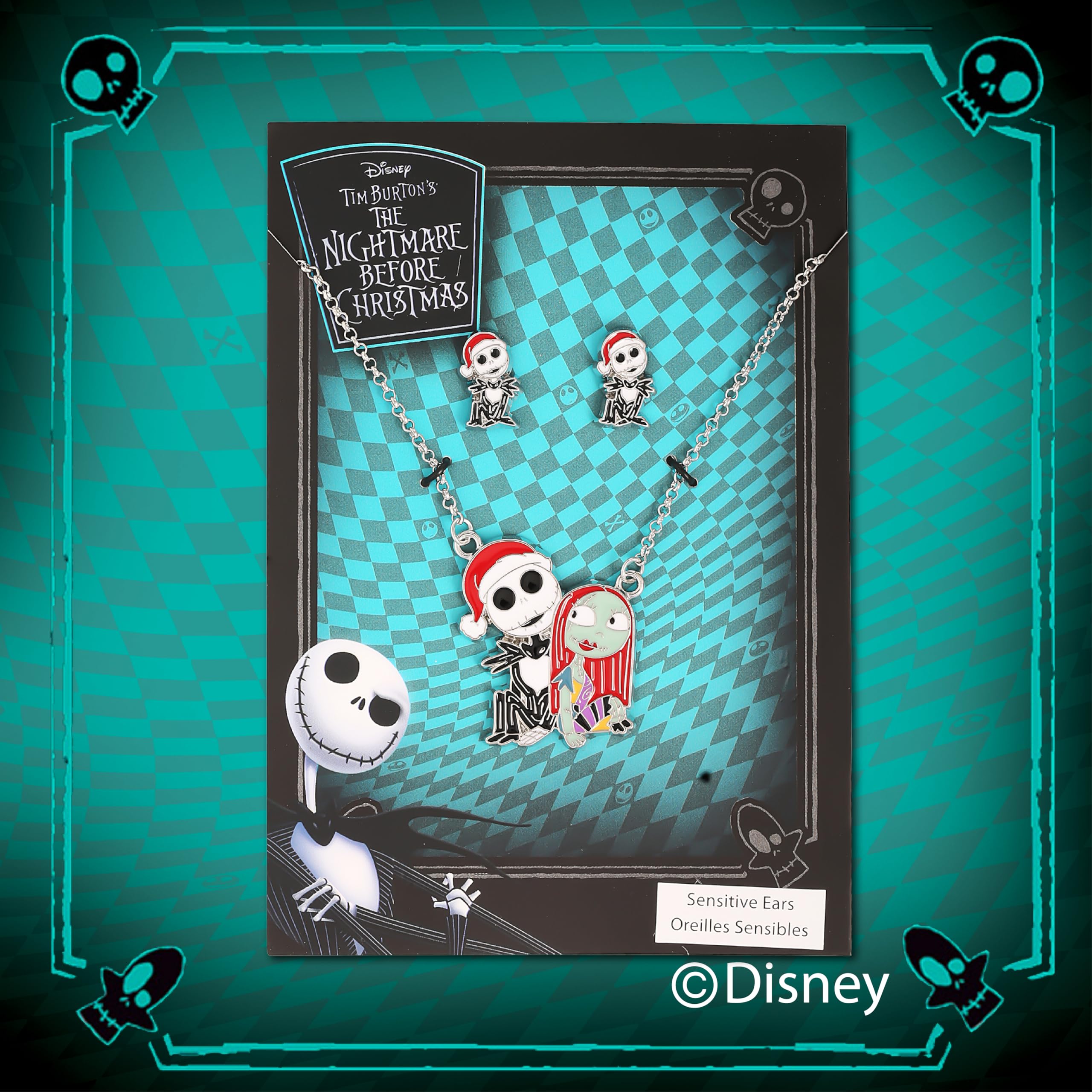 Disney The Nightmare Before Christmas Womens Stud Earrings and Necklace Set - Jack and Sally Necklace - Jack Skellington Stud Earrings