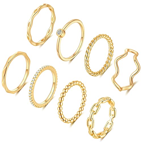 FUNEIA 8PCS 14K Gold Plated Stacking Rings for Women Size 5 to Size 9 Gold Silver Stackable Knuckle Rings Set Simple Thumb Thin Wedding Pain Band Rings (gold, 12)
