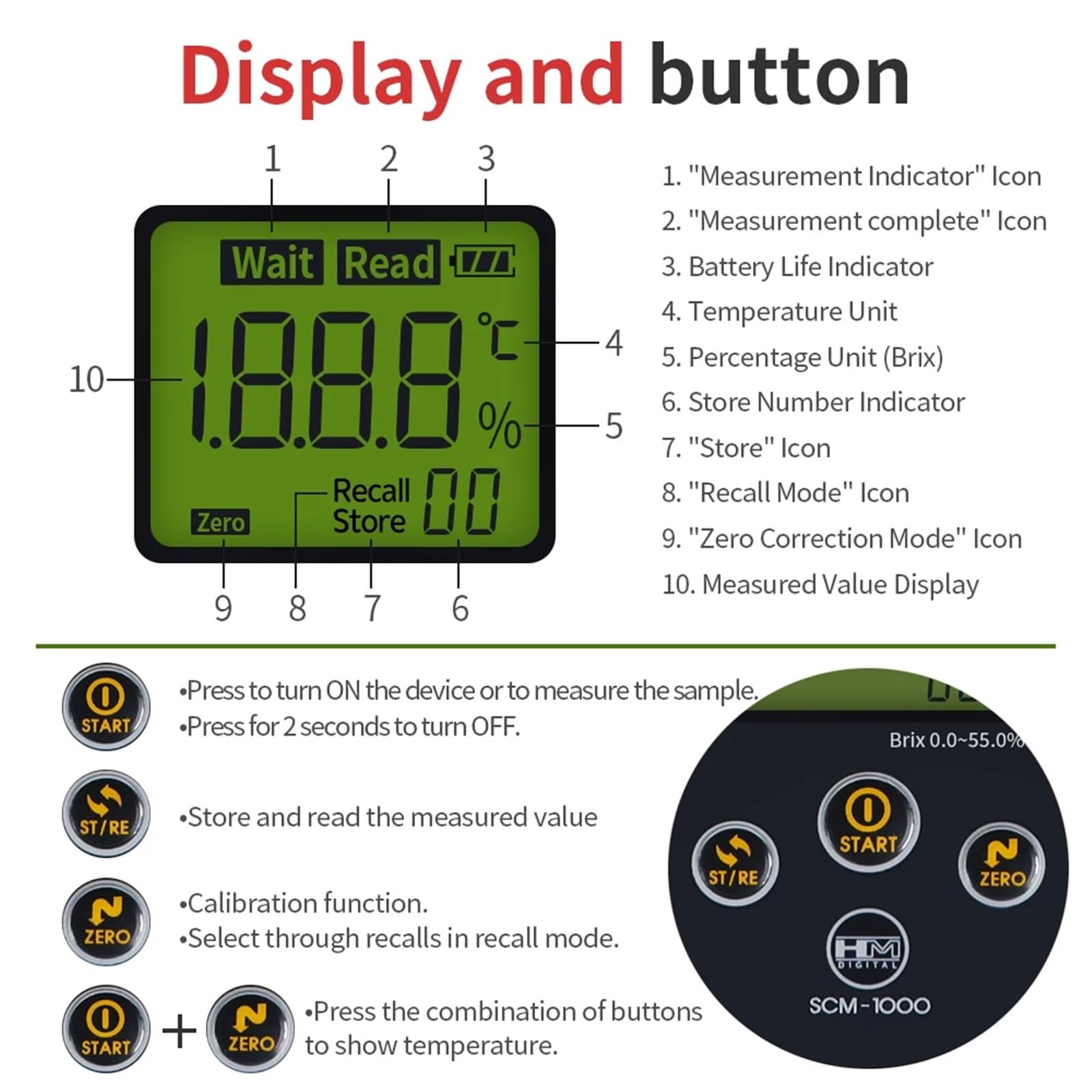 KYKYK Refractometer, Digital Refractometer Brix Meter Sugar Content Measuring Instrument Fruit Juice Beverage Wine Beer Sugar Detector 0-55% Range for Fruit, Homebrewing, Juice, Vegetables