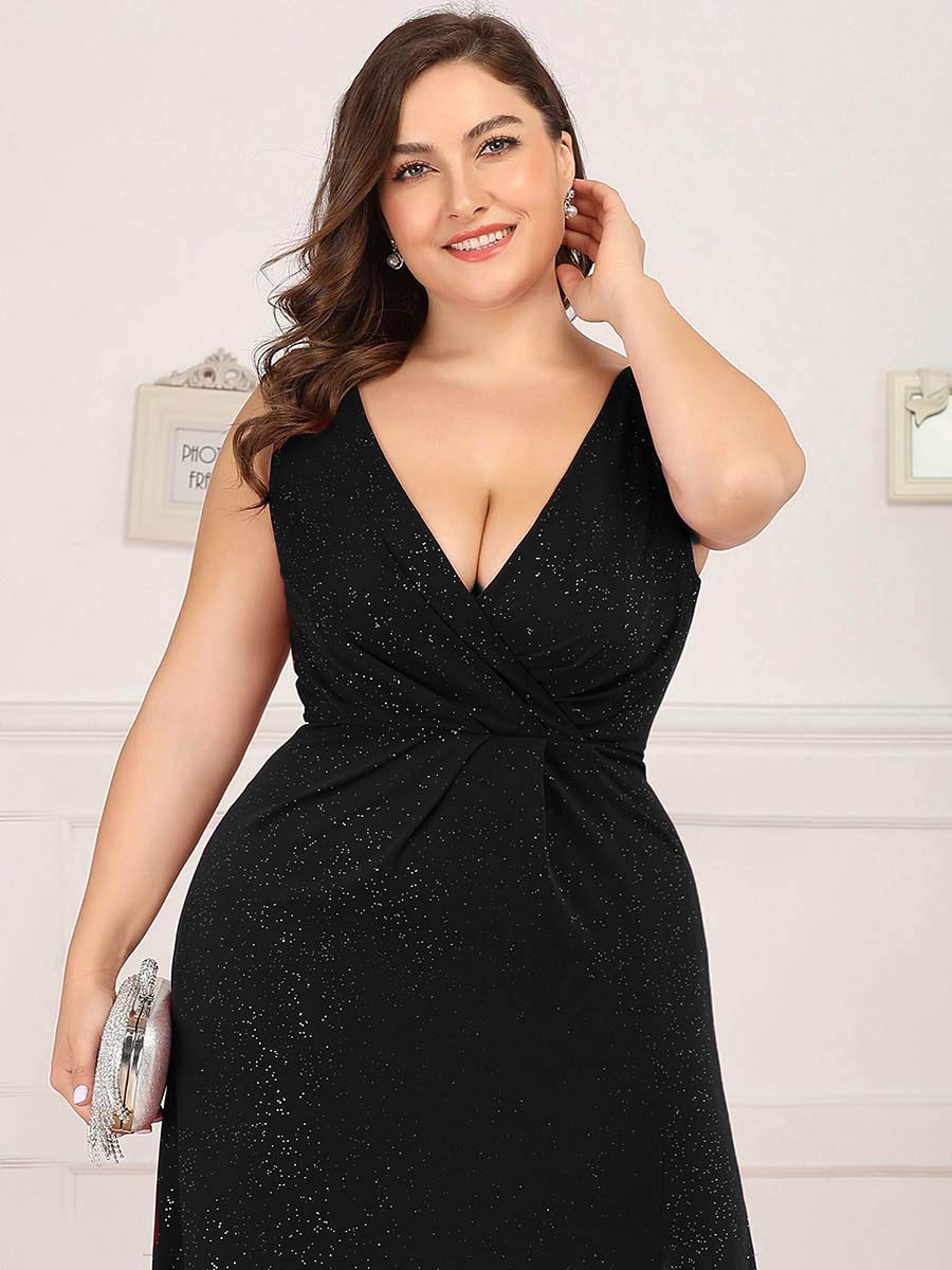 Ever-Pretty Plus Women's V-Neck Glitter Dress Side Split Plus Size Evening Dress Black US14