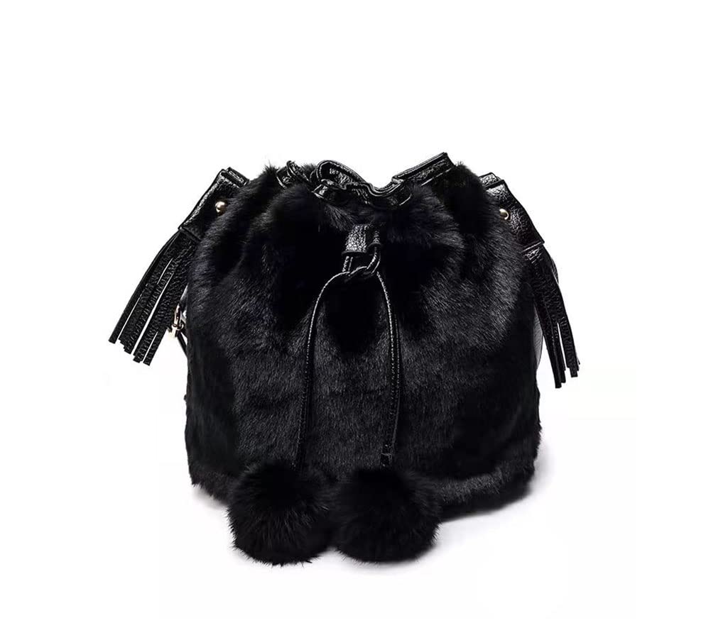 ENYIWH Women Leopard Print Faux Purse Fur Drawstring Bucket Bag Shoulder Crossbody Bag C