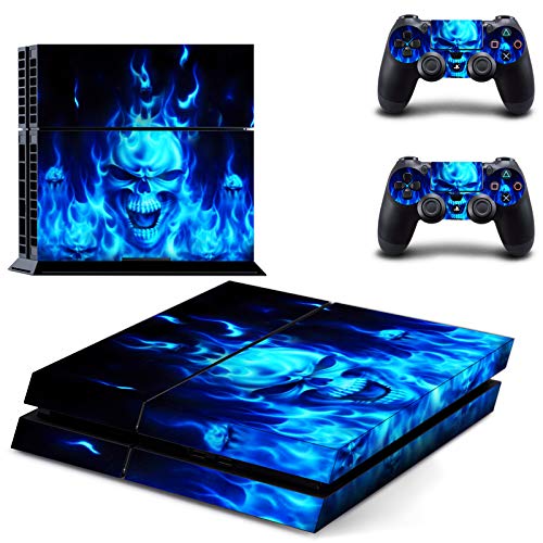 UUShop Vinyl Skin Decal Sticker Cover Set for Sony PS4 Console and 2 Dualshock Controllers Skin Blue Ice Flame Skull
