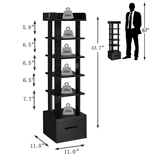 usikey 6 Tiers Vertical Shoe Rack, Entryway Wooden Shoe Rack with Bottom Drawer & Extra Top Storage, Tall Shoe Rack Organizer, Space Saving Shoe Tower, Shoe Storage Stand for Small Space, Black