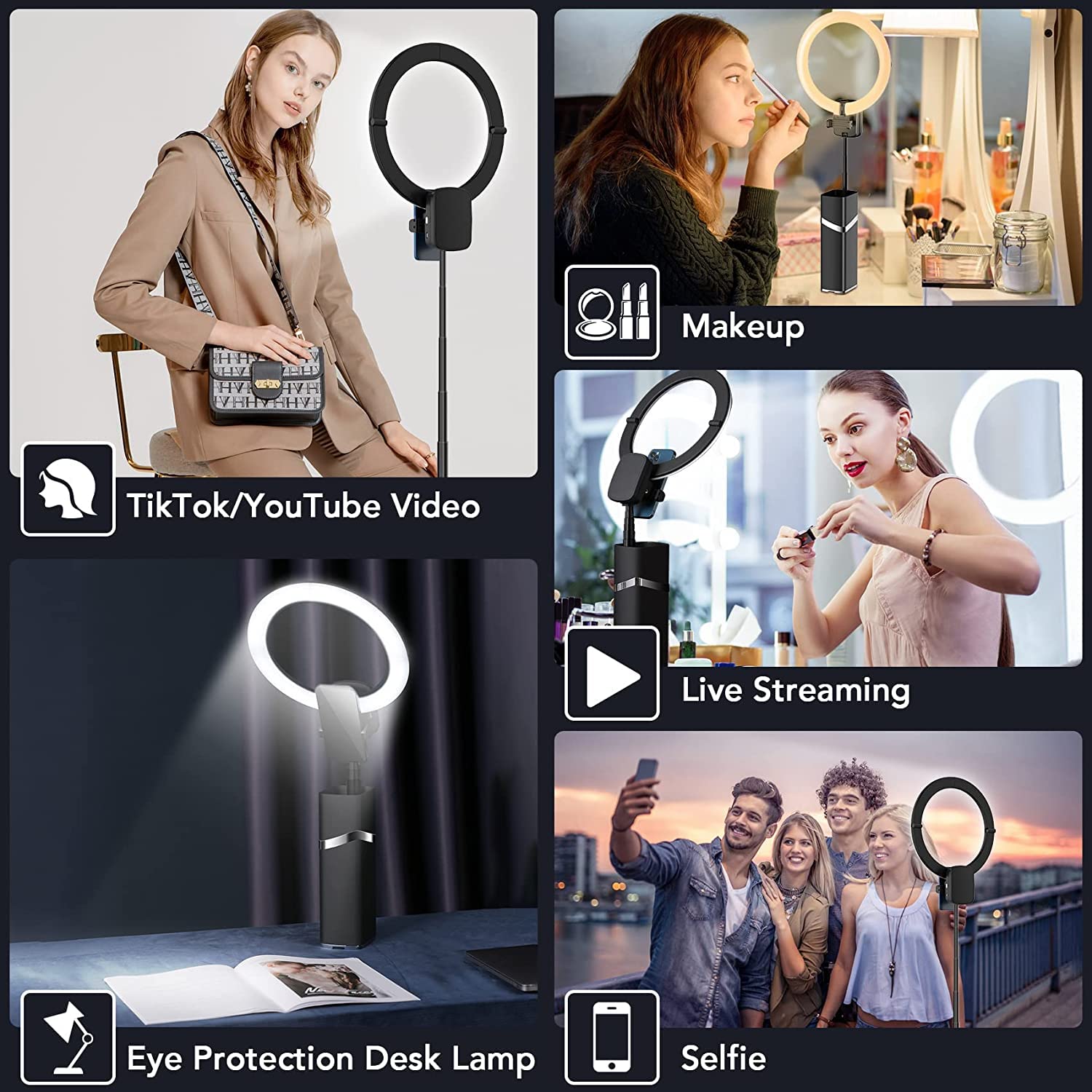 Eocean 10'' Ring Light with Rechargeable All-in-One Foldable Makeup Light, Portable Selfie Ring Light with 76'' Extendable Tripod Stand for Live Streaming, Makeup, TikTok, YouTube, Video, Black