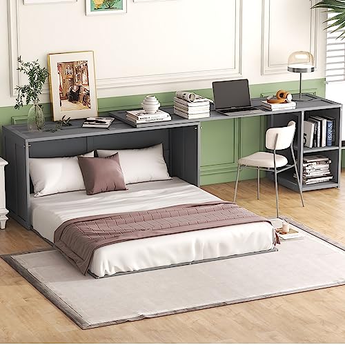 SOFTSEA Queen Size Murphy Bed with Removable Desk Multifunctional Bed Frame and Cabinet, Floor Design