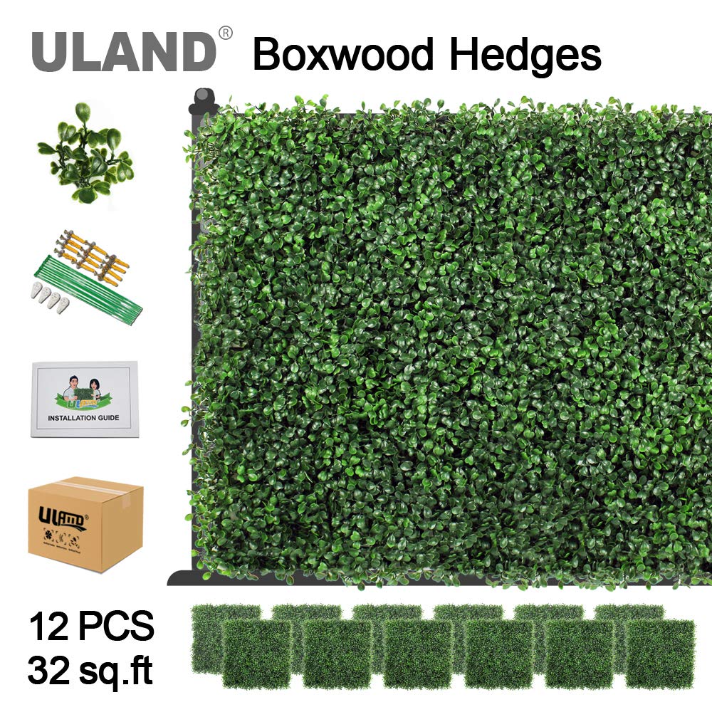 ULAND Artificial Grass Wall Panels, 12pcs 20"x20" Boxwood Hedges Mats, Greenery Backdrop Garden Privacy Screen Fence