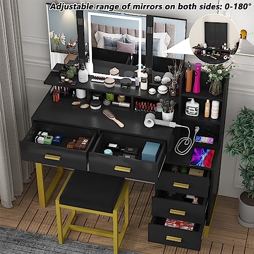 PAKASEPT Makeup Vanity with Tri-fold Makeup Mirror, Vanity Desk with 3-Color Adjustable Touch Light, Charging Station, Vanity Table with Nightstand,5 Drawers, Storage Shelves&Cushioned Stool…