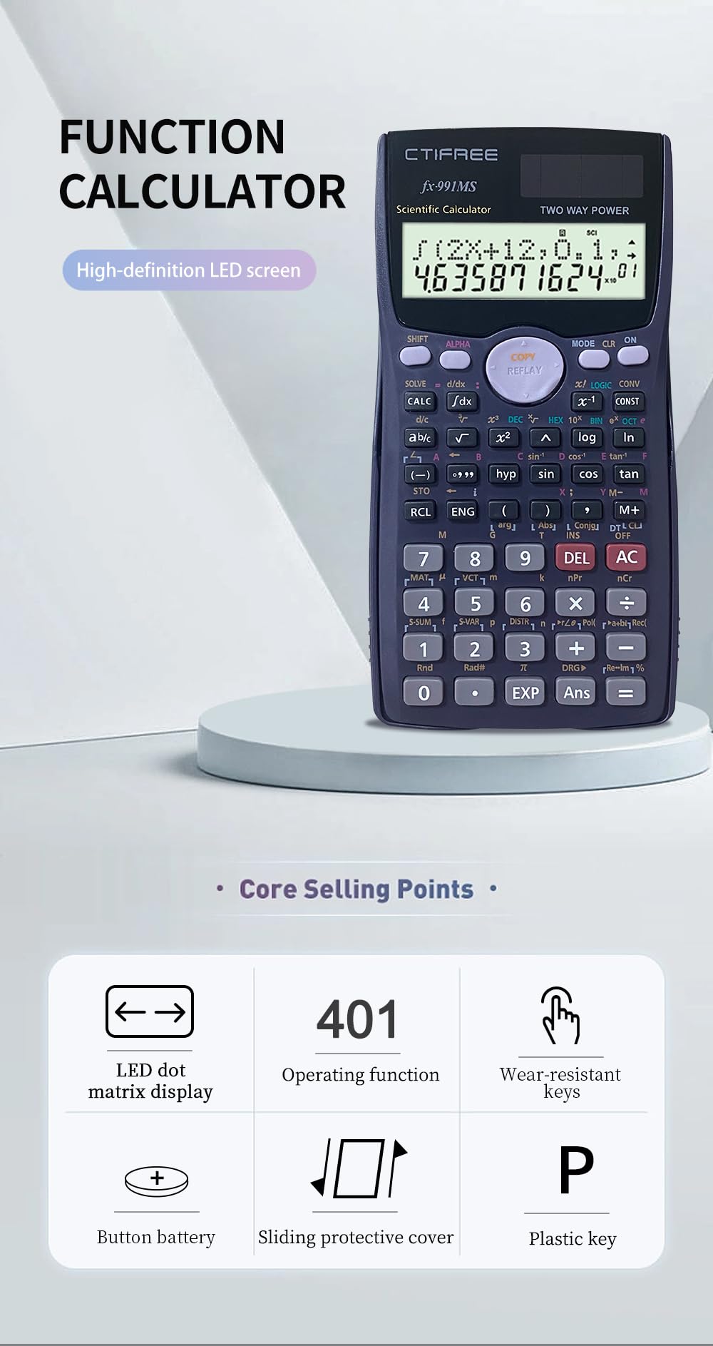 CTIFREE Scientific Calculator FX-991MS College Middle School Mathematics 401 Function Calculadora Cientifica Dual Power Scientific Calculator