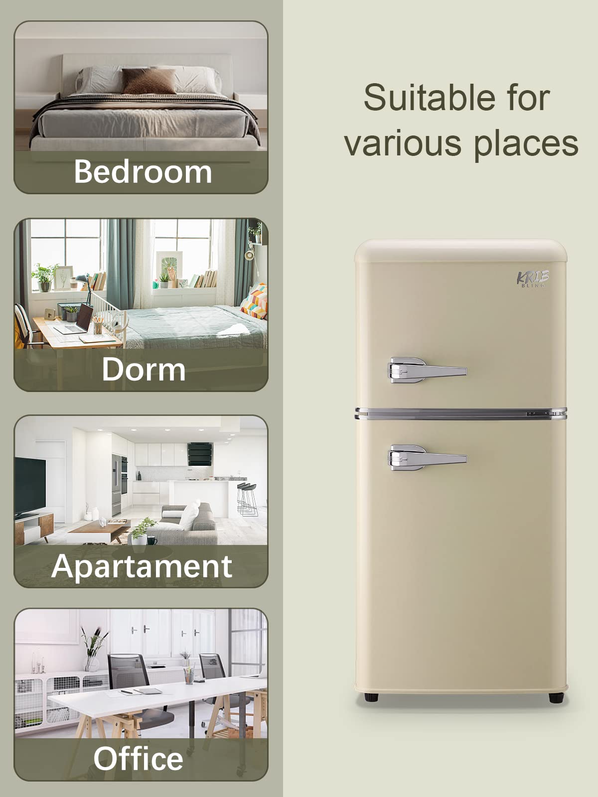 KRIB BLING 3.5 CU.FT Compact Refrigerator 2 Door Mini Fridge with Freezer, Mini Refrigerator with Removable Glass Shelves Small Drink Food Storage Cooler for Office, Dorm, Apartment, Cream