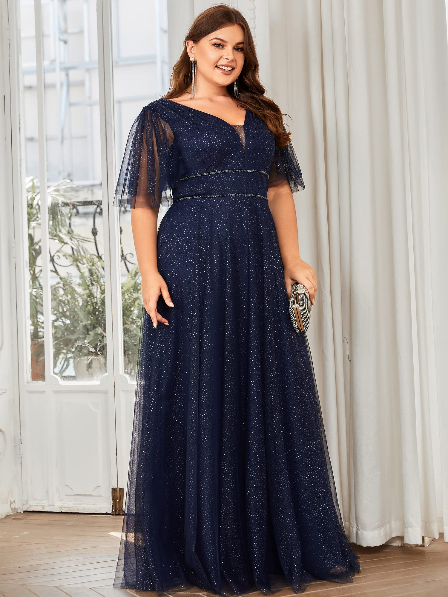 Ever-Pretty Plus Women's A Line illsuion Tulle Floor-Length Plus Size Dance Party Dress Navy US24