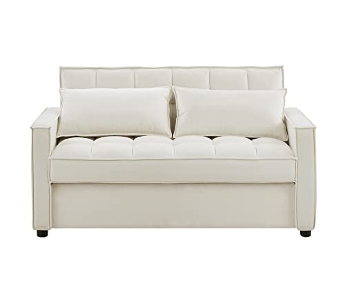 Melpomene Convertible Sofa Bed with Adjustable Backrest, 58" Modern Velvet Loveseat Sofa with Pull-Out Bed,2 Lumbar Pillows, Side Pockets, for Small Spaces(Beige)