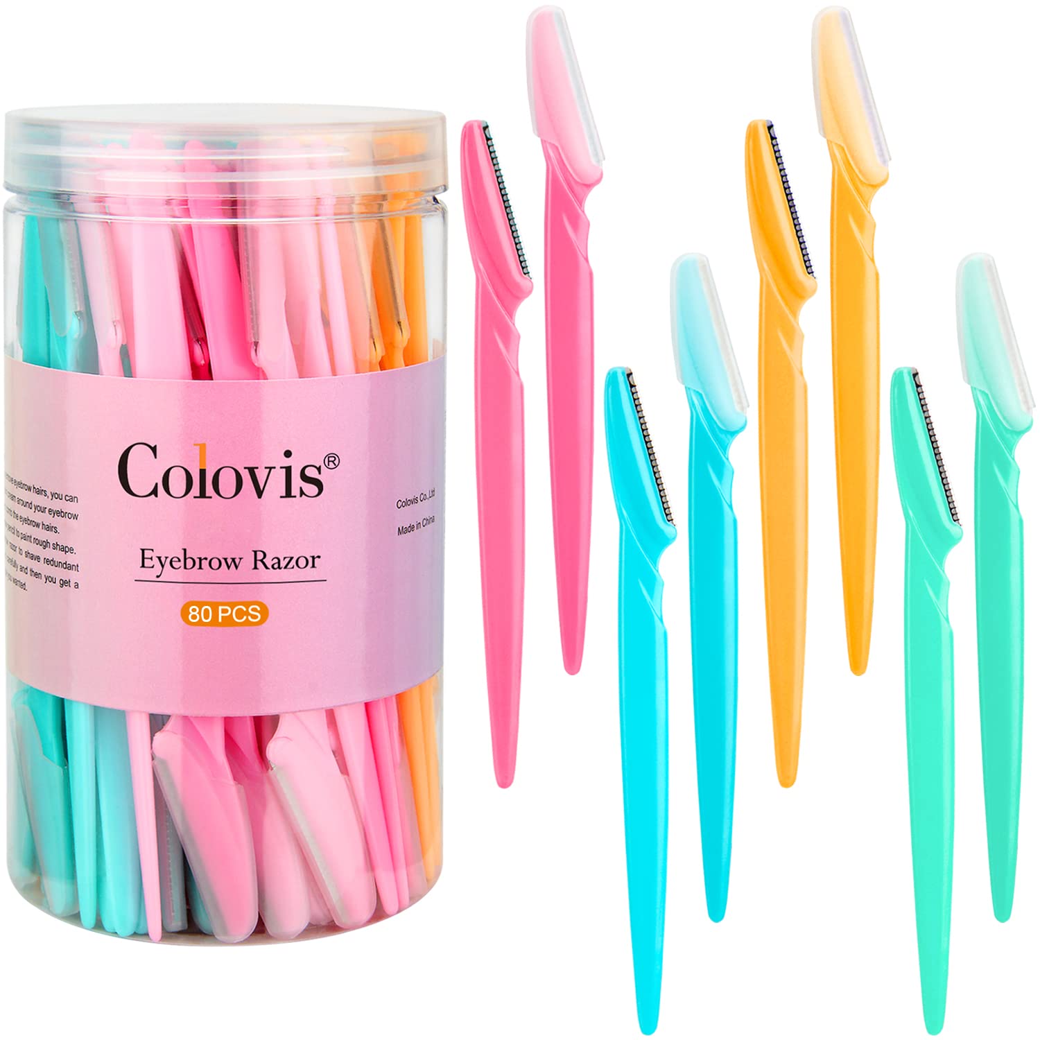 Colovis 80 PCS Eyebrow Razor, Dermaplaning Tool Face Razors for Women and Men with Precision Cover, Multipurpose Facial Eyebrow Soft Hair Removal Disposable Razors, 4 Colors