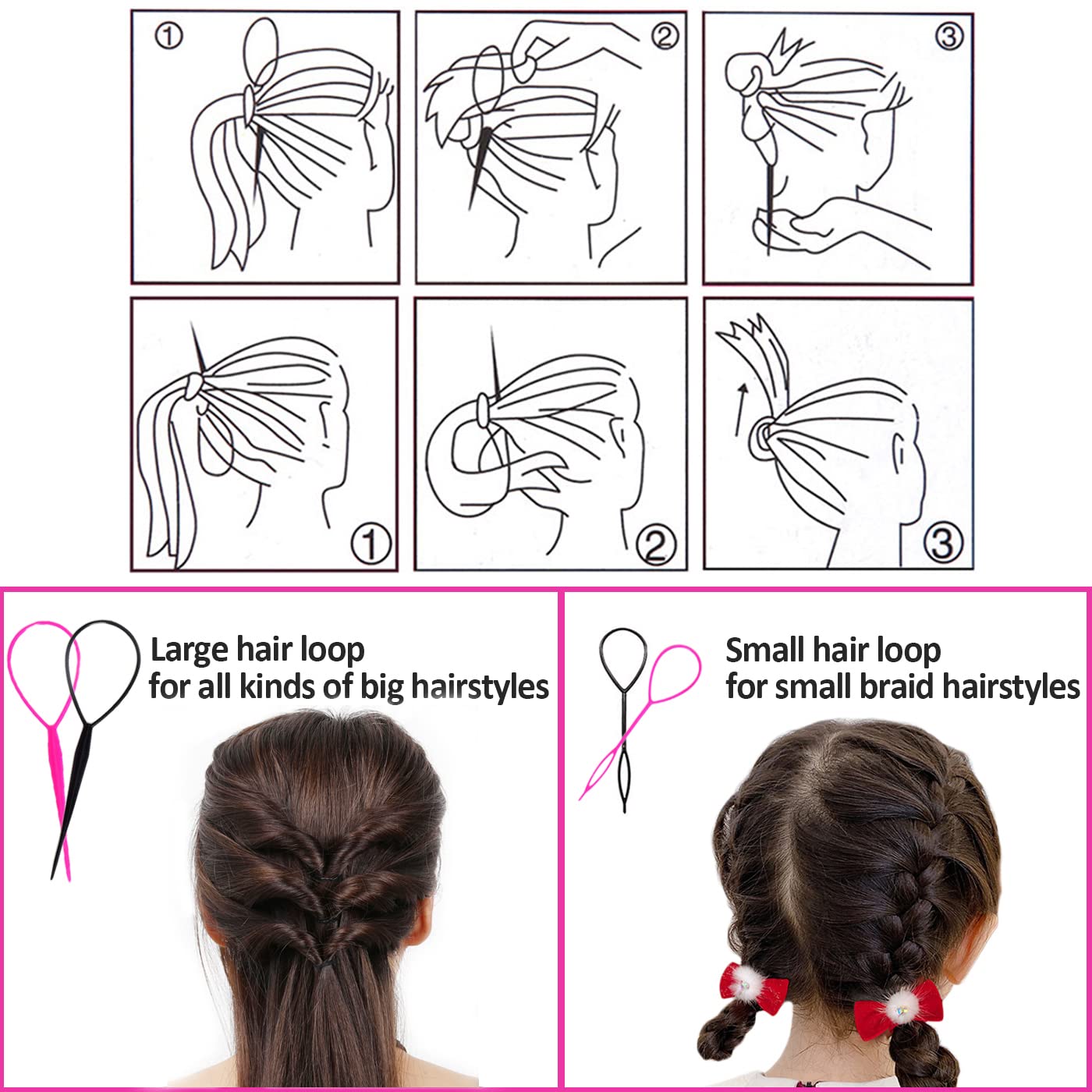 Hair Styling Tool Set - 6 Topsy Tail Loops, 4 French Braid Tools, 2 Braiding Combs, 50 Rubber Bands