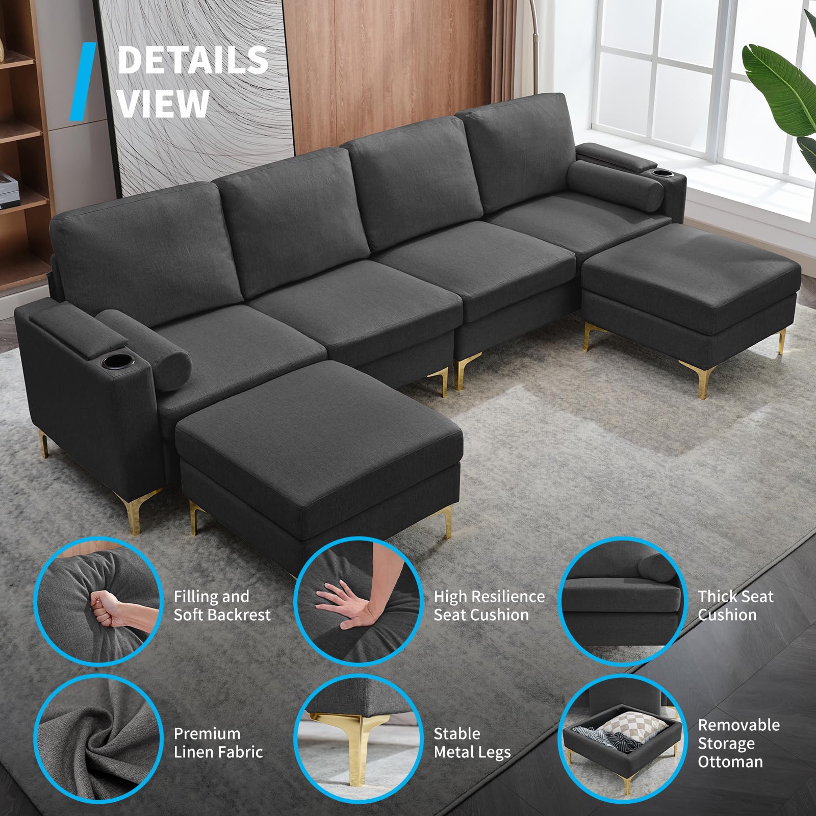 Mjkone Convertible L-Shaped Couch Modular Sectional Sofa with Removable Storage Ottoman & Storage Armrest, Modern Sofa Set Sectional Couch with Cup Holders, 115 Inch Living Room Set - Dark Grey