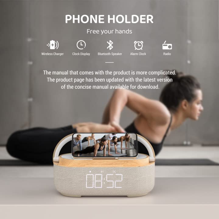 COLSUR Bluetooth Speaker Alarm Clock with Wireless Charger, LED Night Light, 2500mAh Battery - For Bedroom, Home