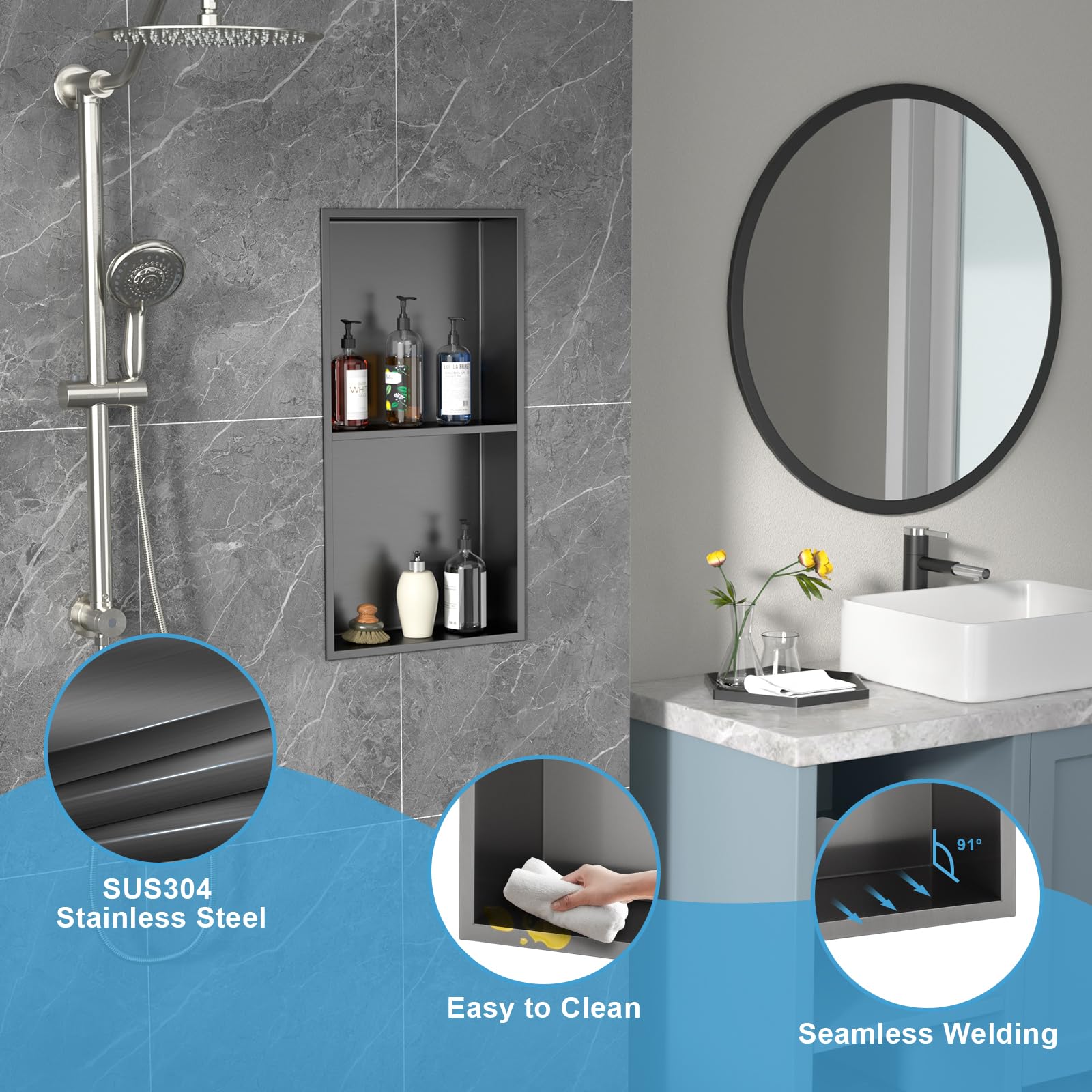 Lofeyo 12"x24" Stainless Steel Shower Niche Single Shelf Bathroom Wall Niche Brushed Nickel In-Wall Organizer for Soap and Accessories Horizontal Use