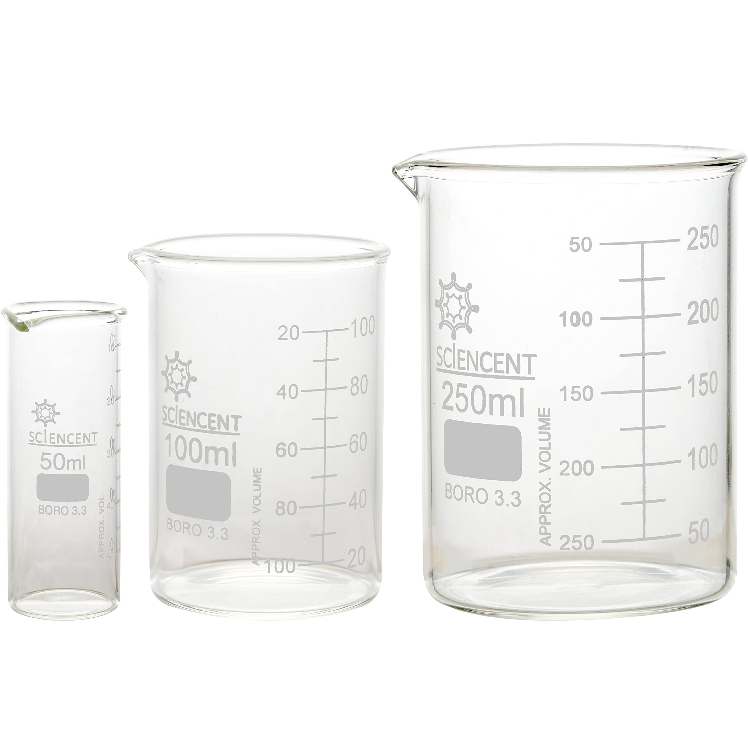 SCIENCENT Glass Beaker 50ml, 100ml, 250ml (Set of 3)