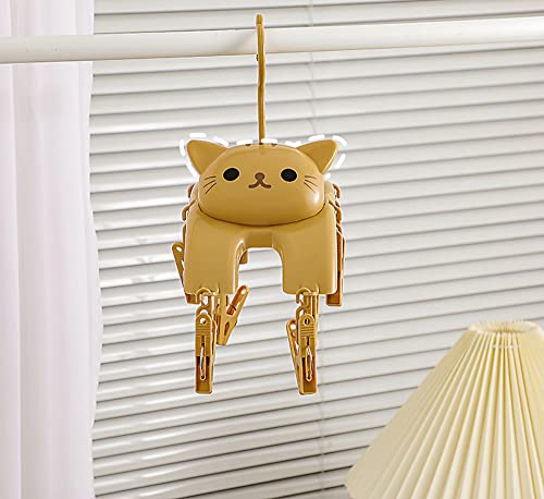 JHTPSLR Kawaii Stretching Cat Drying Rack for Socks Bras Panties Towel Underwear 10 Clips Clothes Hanger Cute Small Indoor Hanging Drying Rack for Kids Baby Nursery Room Decor (Yellow)