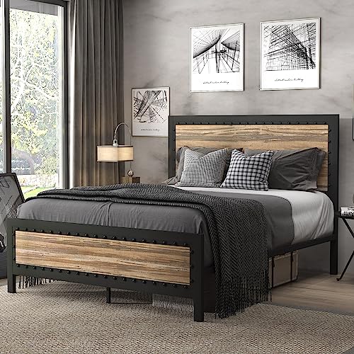 SHA CERLIN Heavy Duty Metal Bed Frame Queen Size, Platform Bed Frame with Wooden Headboard Footboard, 13 Strong Metal Slats Support, No Box Spring Needed, Mattress Foundation, Easy Assembly