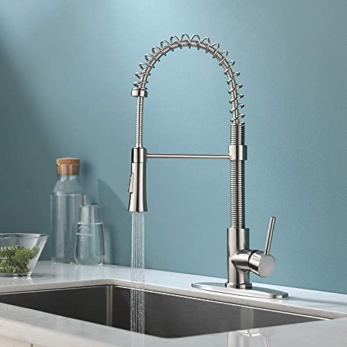 KINGO HOME Kitchen Faucet with Pull Down Sprayer, Commercial Utility Stainless Steel High Arc Single Handle Kitchen Sink Faucet with Sprayer Modern Farmhouse Spring Kitchen Faucets