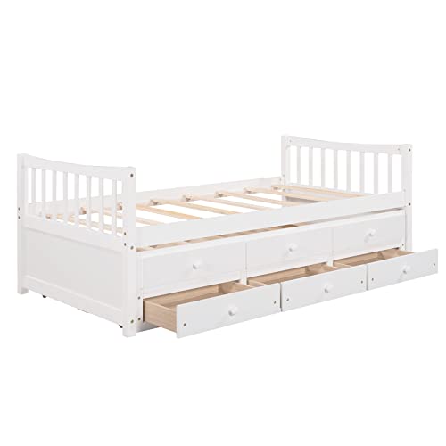 Twin Daybed with Trundle and Storage Drawers Wood Twin Size Bed Frame with 3 Drawers Wooden Platform Beds for Kids Boys Girls Teens, White