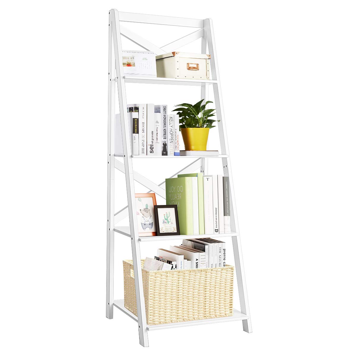 Tangkula 4-Tier Ladder Shelf Bookcase Leaning Free Standing Wooden Frame Decor Bookshelf Storage Flower Shelf Plant Display Shelf for Home Office (White, 1)