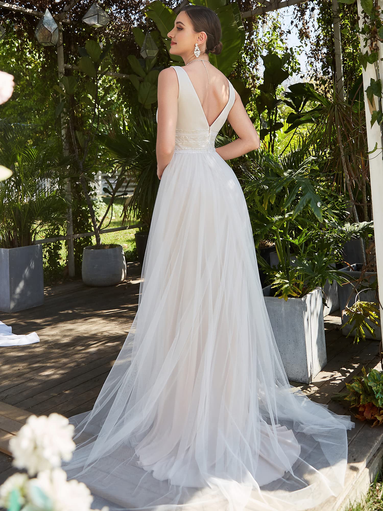 Ever-Pretty Women's Elegant Long Lace Sequin V-Neck Ruched Summer Beach Wedding Gowns for Women White US8