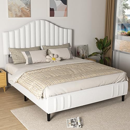 HUEOFGP Queen Size Bed Frame with Upholstered Fabric Adjustable Headboard, Platform Bed Frame with Wooden Slats Support, No Box Spring Needed, Easy Assembly, Modern, White