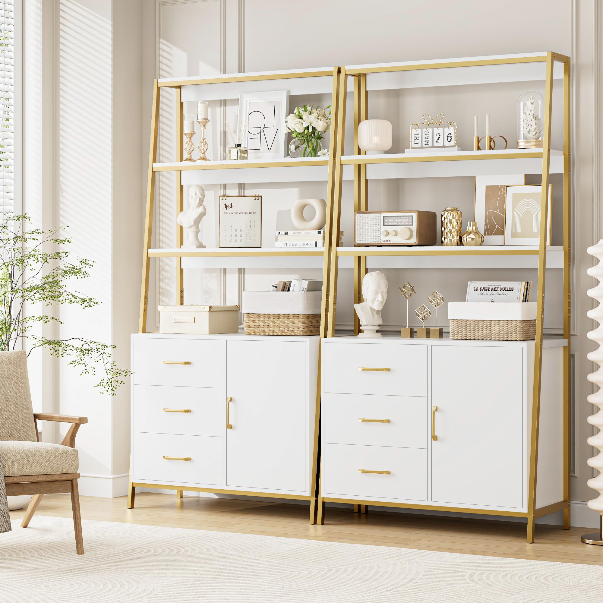 HITHOS 69" Tall Bookshelf, White Gold 4-Tier Bookcase with Wooden Drawers and Ladder Shelves, Free Standing Storage Cabinet Kitchen Bakers Rack with Microwave Oven Stand for Home Office