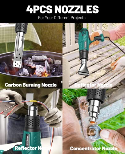 Yeegewin 1800W Heat Gun 122℉~1112℉(50℃- 600℃)Hot Air Gun Kit Variable Temperature Settings Heavy Duty Fast Heating & Overload Protection, with 4 Nozzels for Shrink Wrap,Vinyl, Crafts, Epoxy Resin