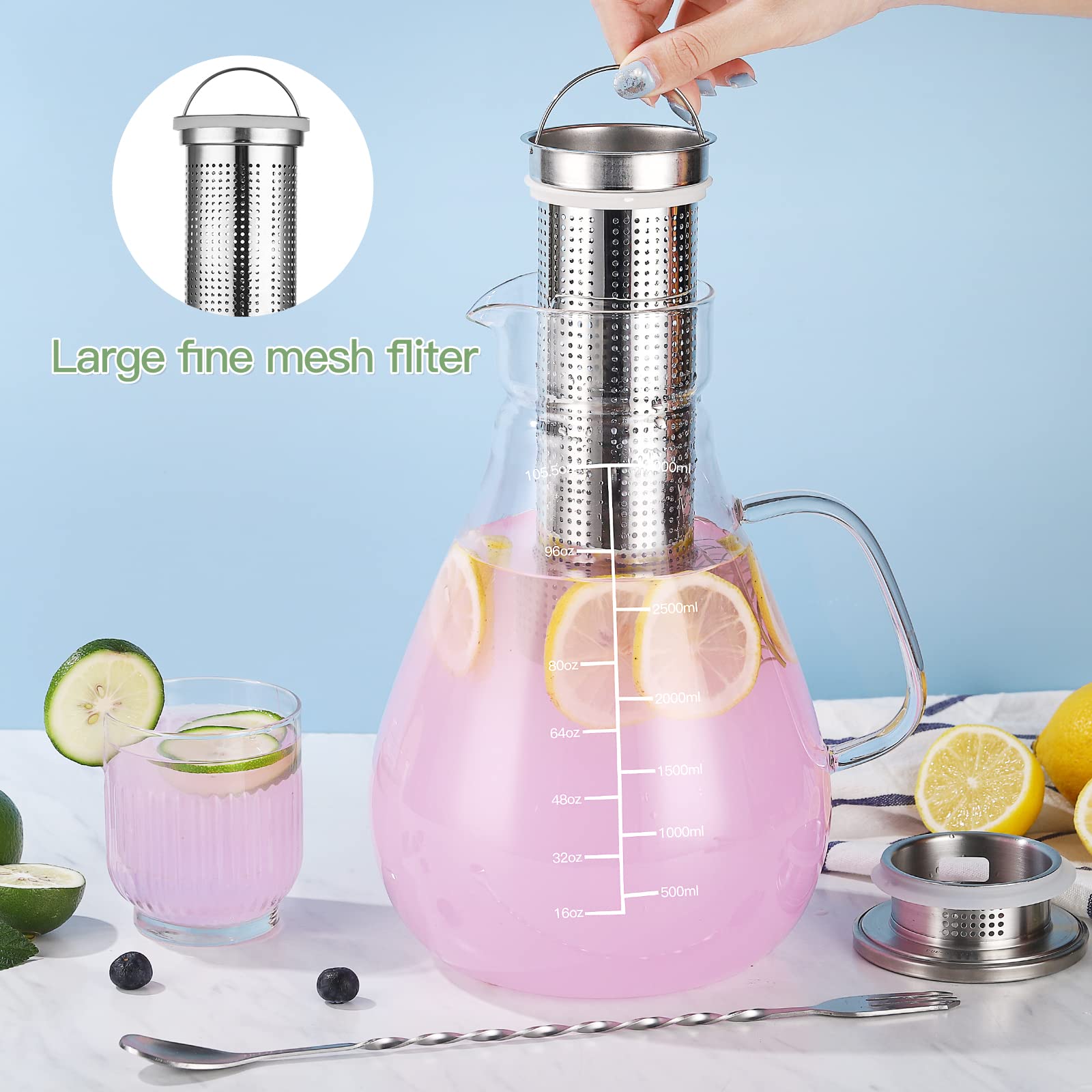 Glass Pitcher - 105.6oz Fruit Infuser Water Pitcher with Removable Lid and Precise Scale Line , 18/8 Stainless Steel Iced Tea Pitcher, Easy Clean Heat Resistant Infusion Pitcher for Cold Hot Beverages