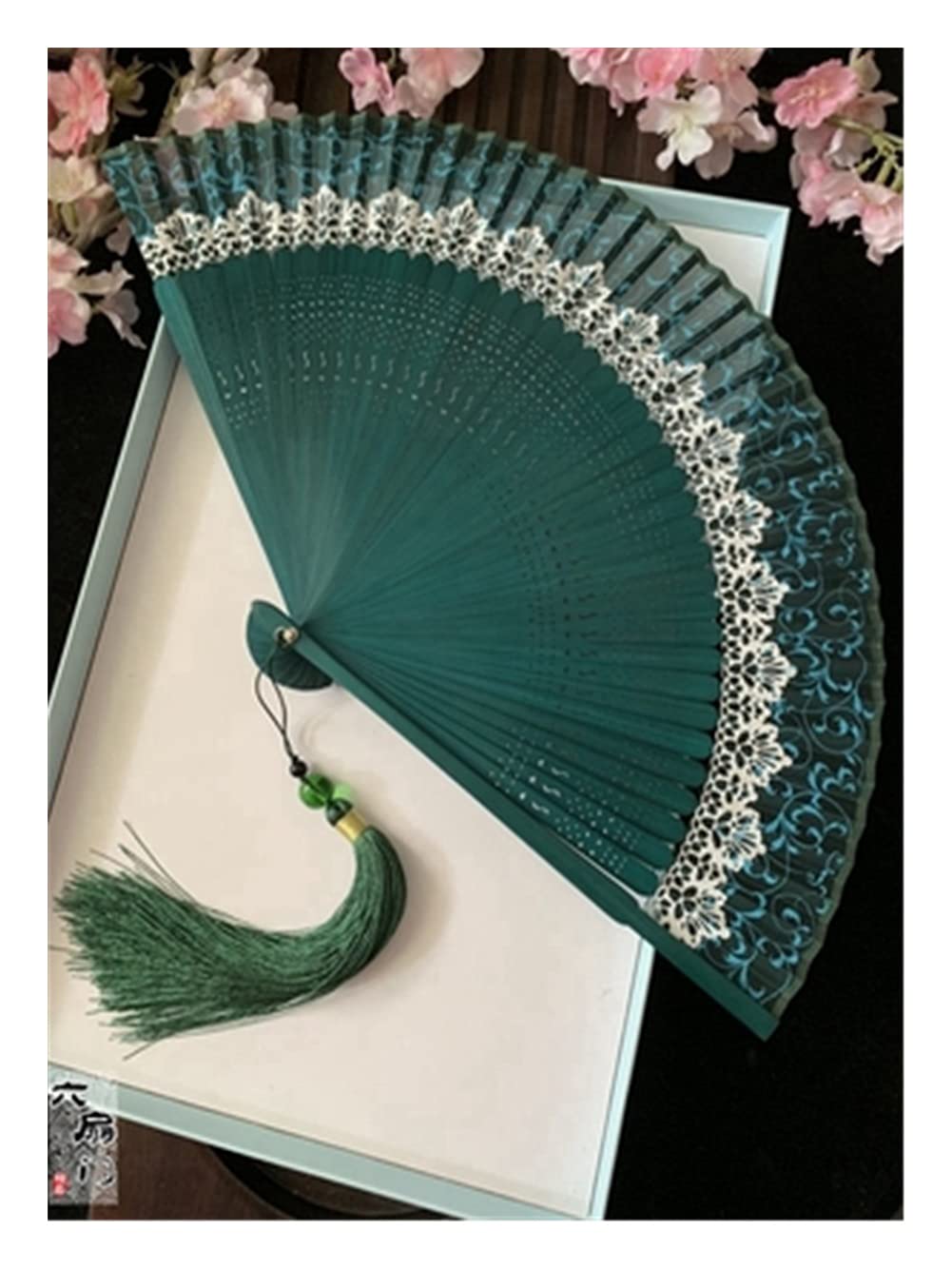 Folding Fan Chinese Style Ancient Style Bamboo Handle Folding Fan Juan Cloth Female Fan Cherry Blossom Portable Jump Dance Fan Fan (B 21Cm)