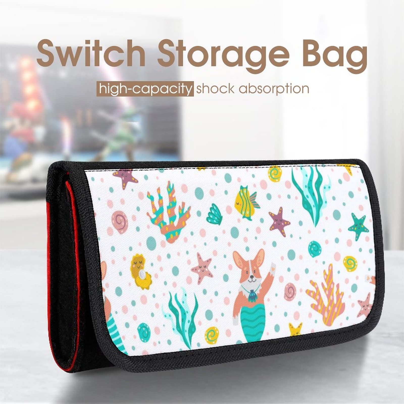 Funny Under Sea Corgi Mermaid Carrying Bag Compatible with Switch Protective Case Slim Felt Pouch with 5 Game Cartridges Holders