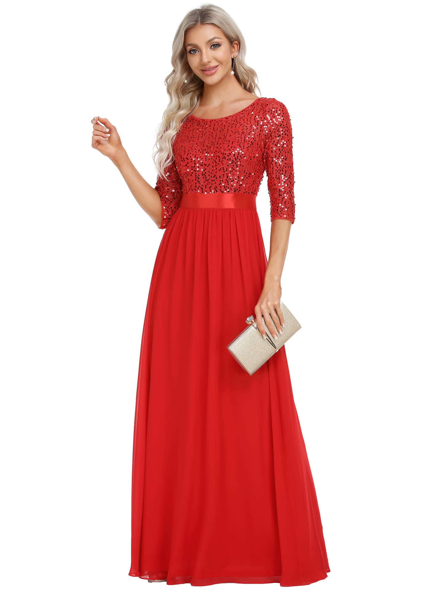 Ever-Pretty Women's Elegant A Line Crew Neck Half Sleeve Sequin Maxi Evening Dress Red US14
