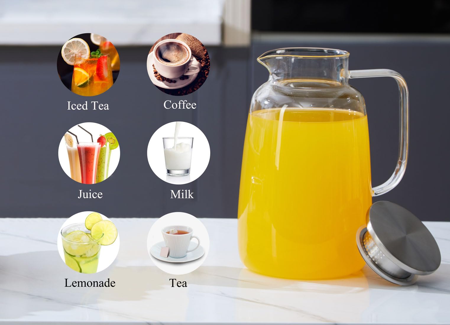 Glass Pitcher with Lid, Water Carafe 80 oz, Iced Tea, Juice, Milk, Coffee, Lemonade Pitcher, Borosilicate Boiling Glassware, Hot & Cold Beverages