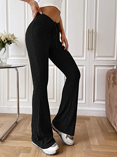 MakeMeChic Women's Drawstring High Waist Ribbed Knit Flare Pants Bootcut Yoga Pants Black S