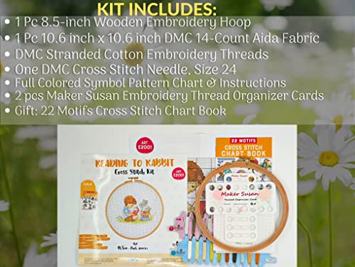 Maker Susan Reading to Rabbit Pattern Counted Cross Stitch Kits for Adults and Beginners with Wooden Hoop, DMC Fabric, Threads and Needles, Embroidery Thread Floss Organizer Cards (E2001)