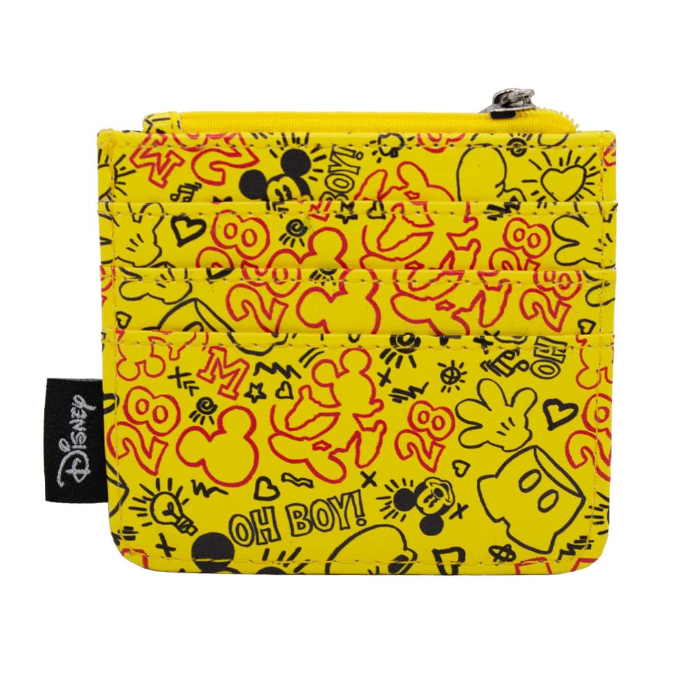 Disney Wallet, ID Zip Top, Mickey Mouse Icon Doodles Collage, Yellow, Vegan Leather