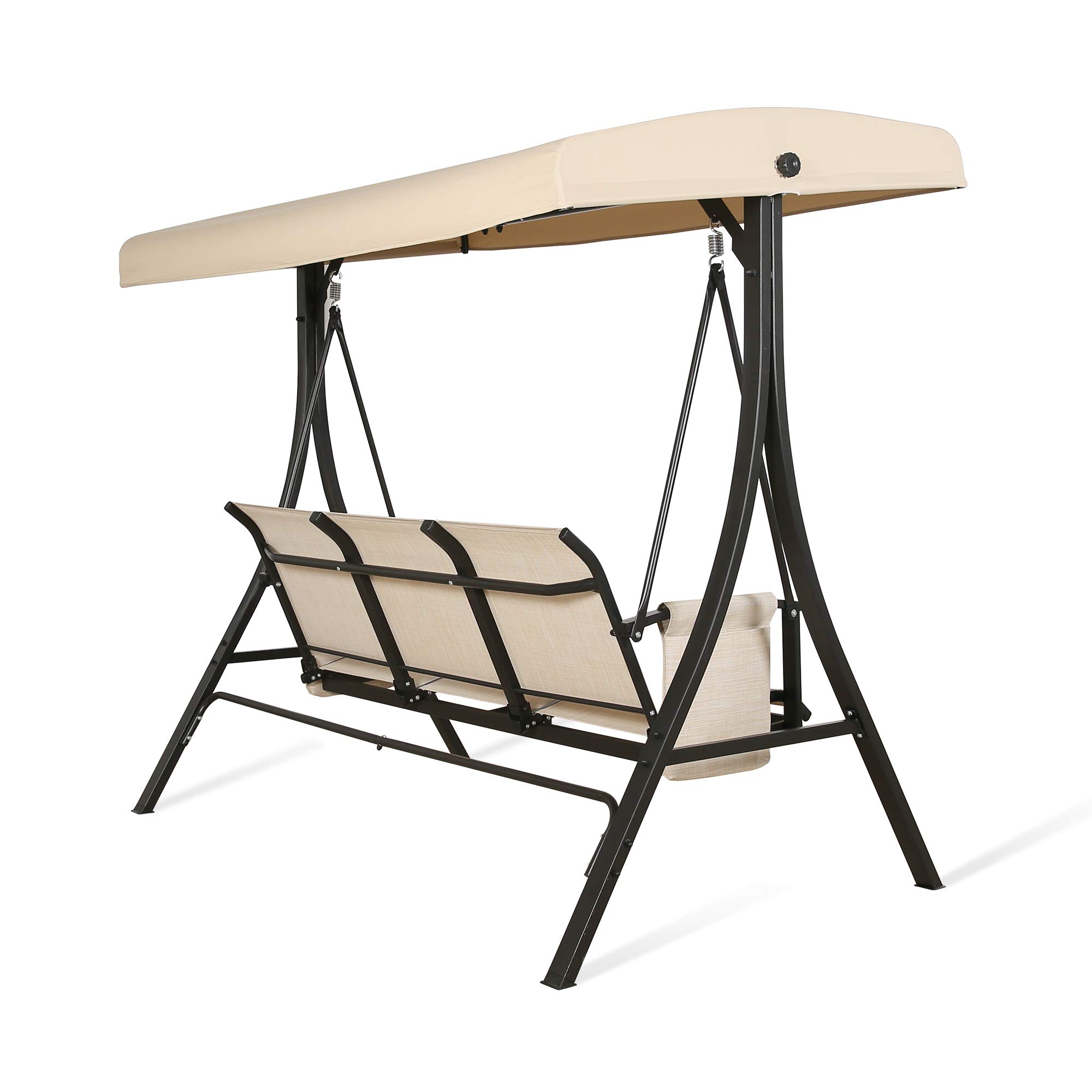 Patio 3-Seat Textilene Porch Swing, Outdoor Swing Glider with Stand and Adjustable Polyester Canopy (Beige)