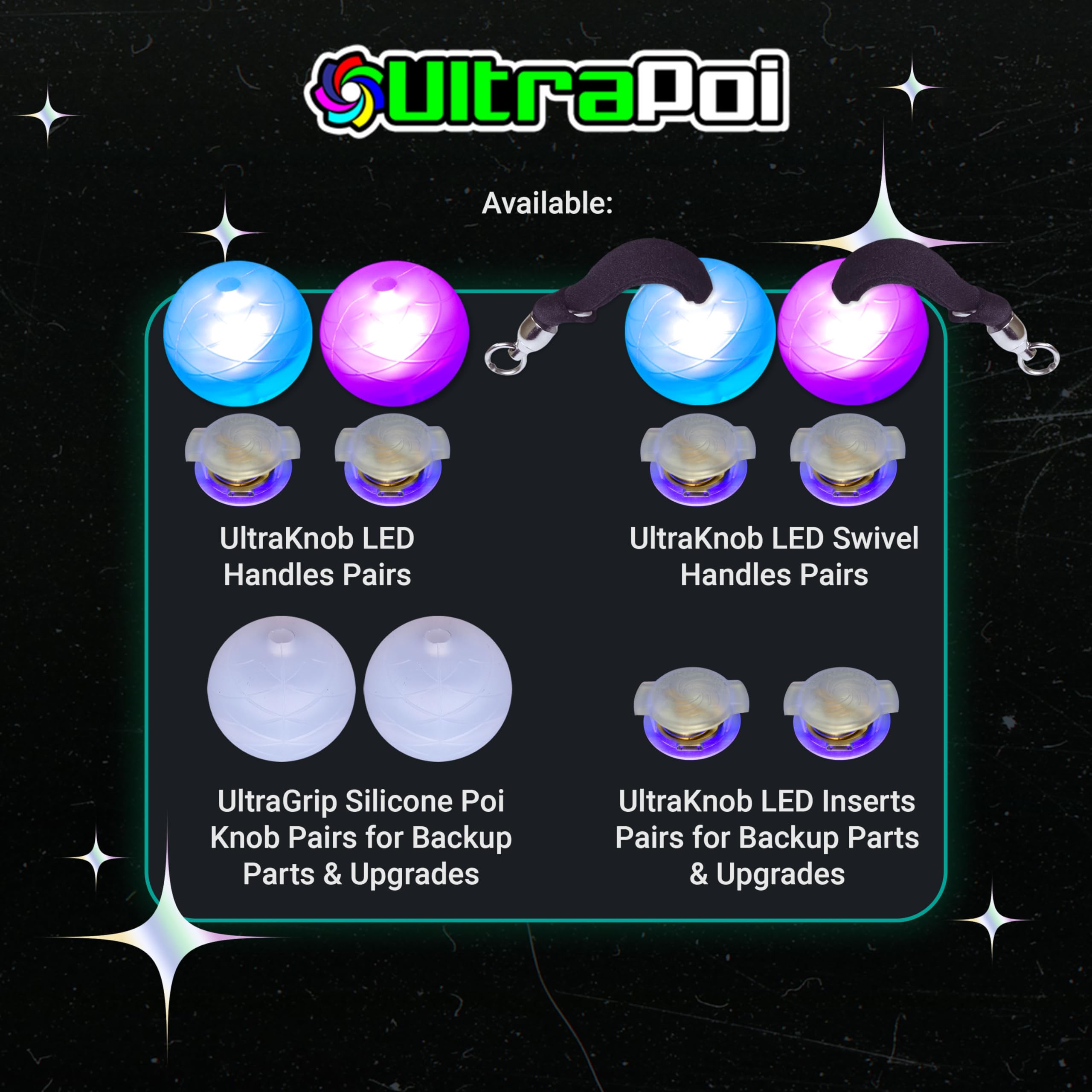 UltraPoi UltraKnob Swivel Handles Set (Pair (2)) - Rechargeable LED Poi Knob Handles - Over 30 Brilliant Rainbow Color Modes & Flashing Patterns - Silicone Knob Set for Poi, Flow Arts & Light Spinning