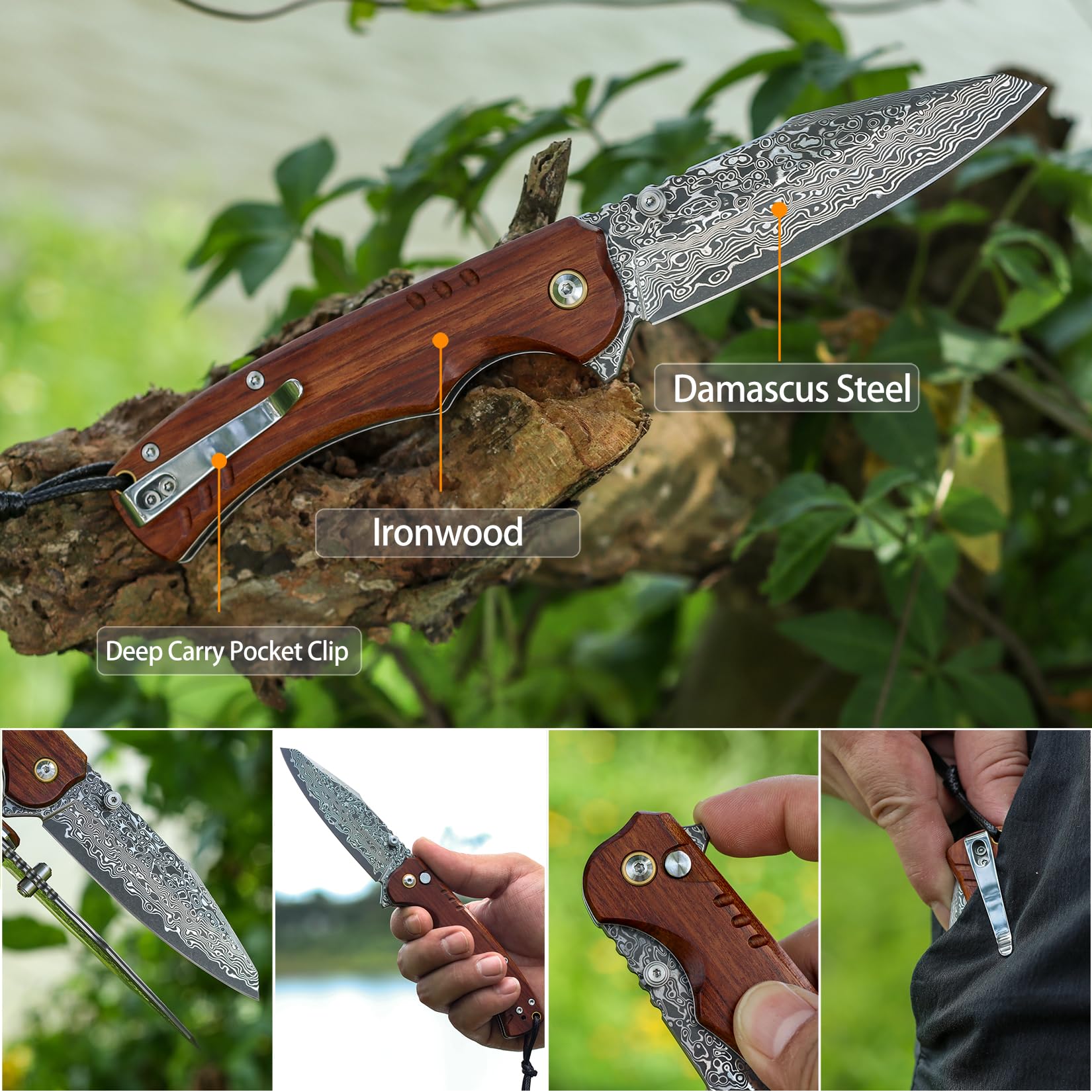 FORESAIL Button Lock Pocket Knife for EDC,Folding Knife, Thumb Stud & Flipper Opener, With leather sheath,Wood Handle with 3.6" Damascus Steel Blade for Outdoor, Camping, Hunting